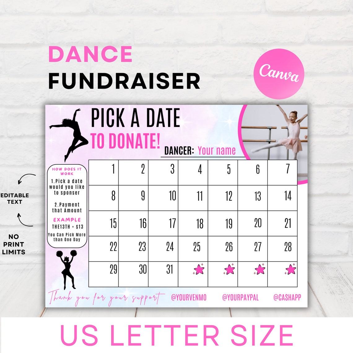 Dance Fundraiser Calendar Template, Pick a Date to Donate Fundraiser ...