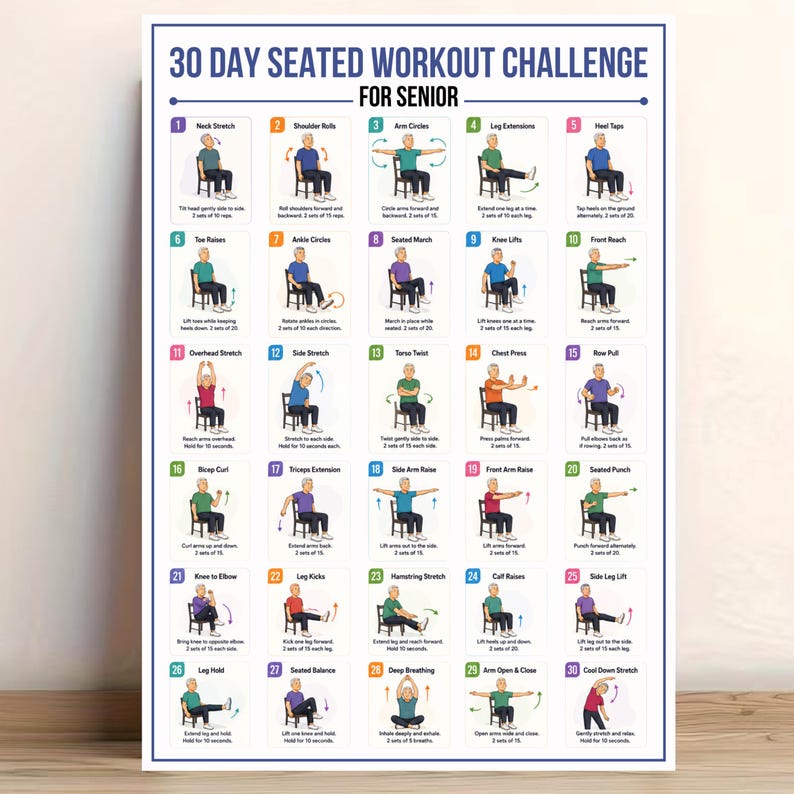 One Month/30 Days Seated Exercises for Senior Men, Printable Chair Home ...