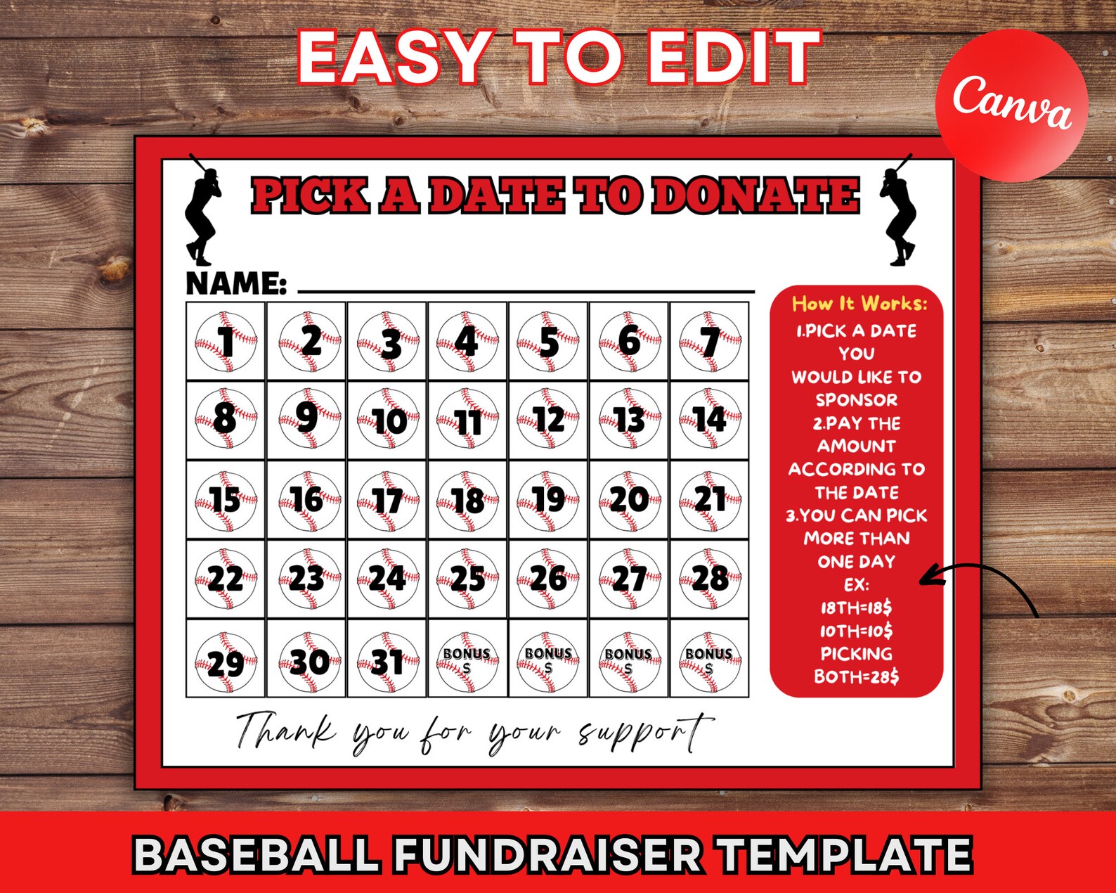 Editable and PRINTABLE Baseball Calendar Fundraiser, Pick a Date to ...