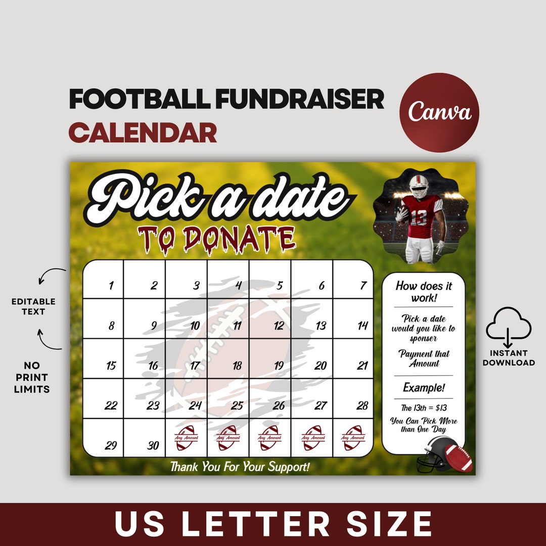 Football Fundraising Calendar, Pick a Date Donation Football Calendar ...