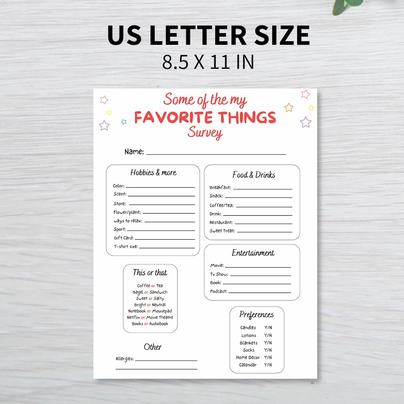 My Favorite Things Survey Questionnaire Printable, Employee Favorite ...