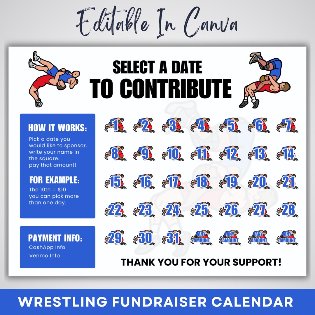 Editable Fundraising Calendar, Pick a Date Donation, Wrestling Calendar ...