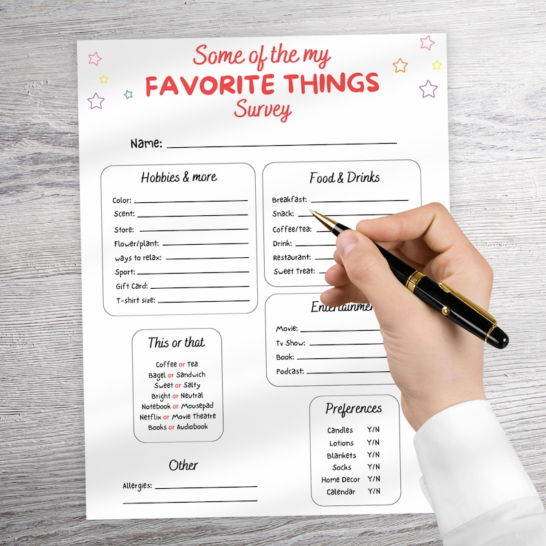 My Favorite Things Survey Questionnaire Printable, Employee Favorite ...