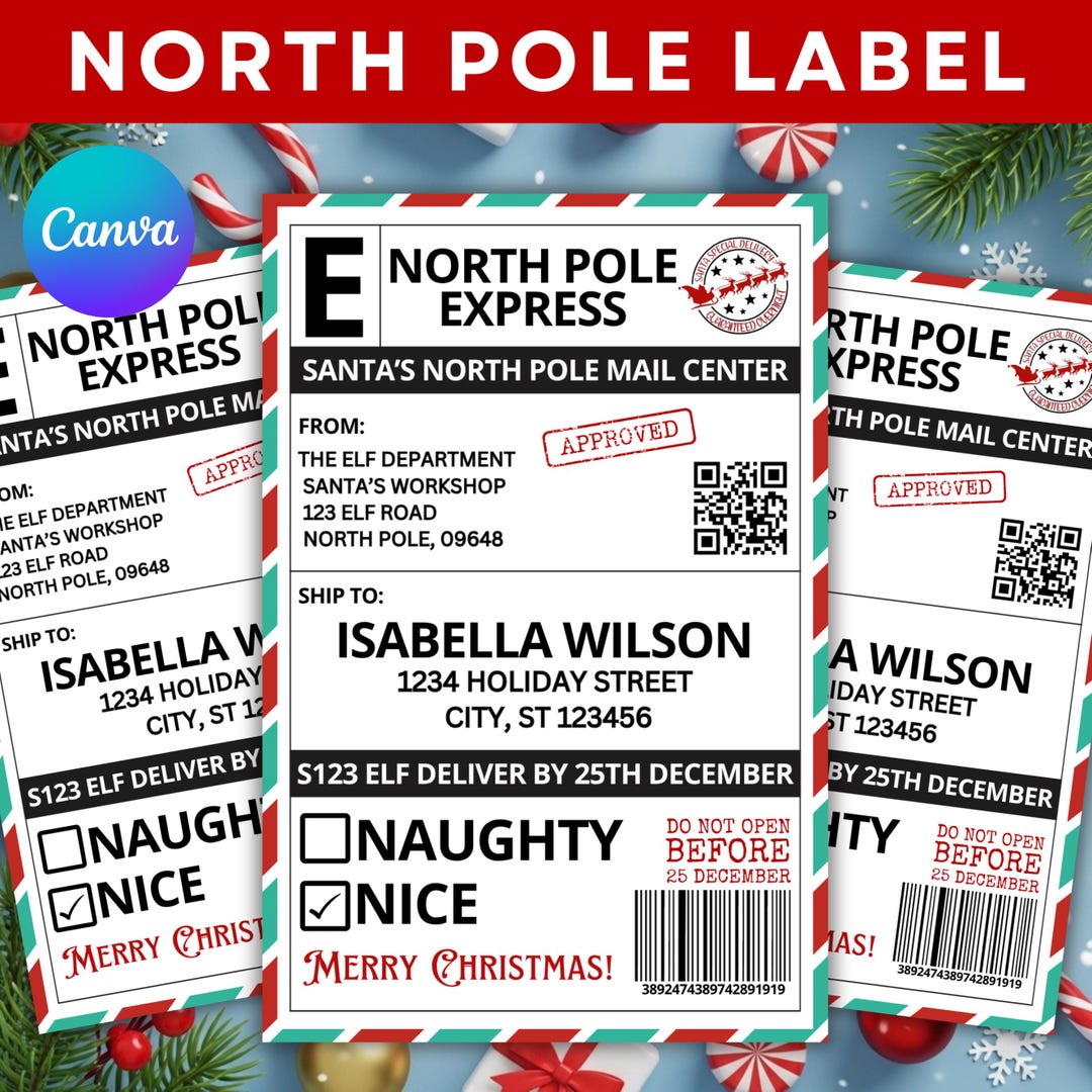 Santa North Pole Shipping Label Template, Editable Christmas Gift Label ...