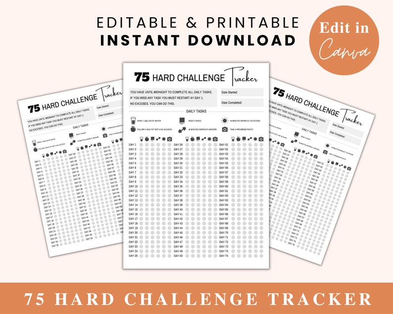 75 Hard Challenge Tracker Progress Tracker Challenge - Etsy