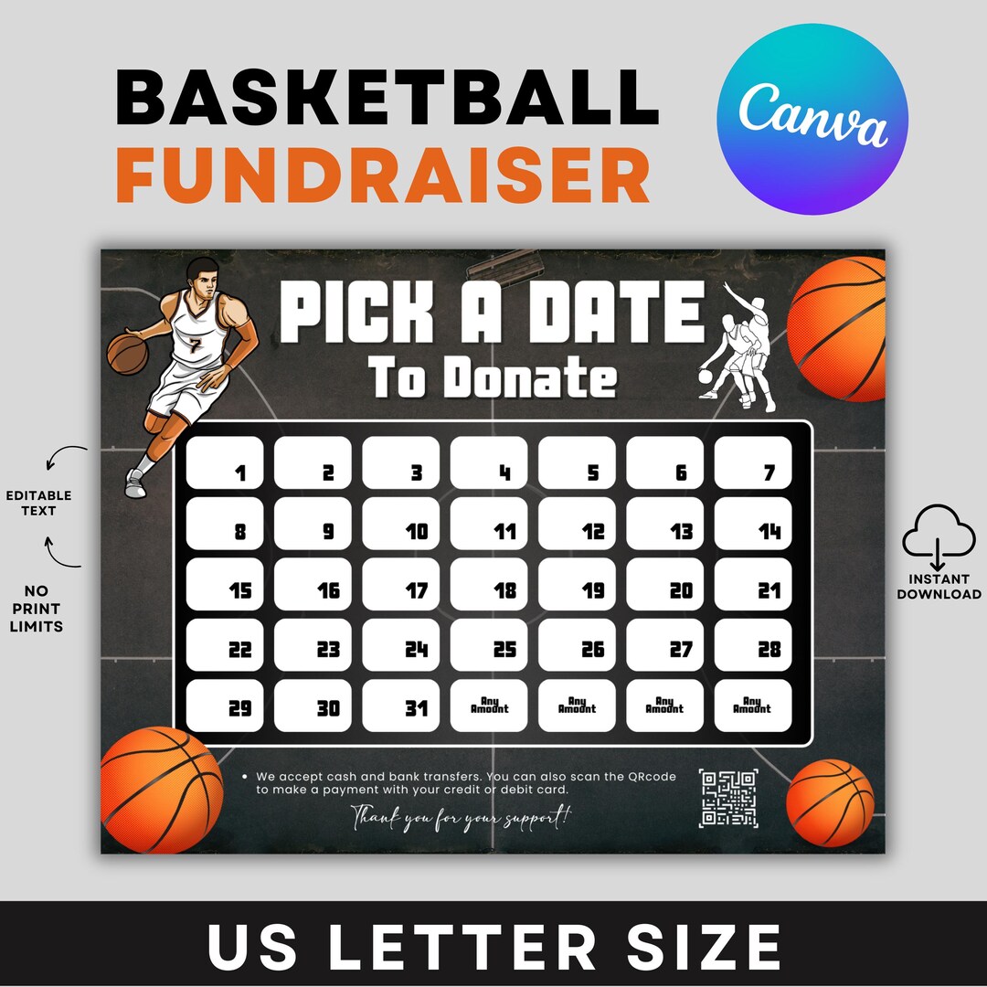 Basketball Fundraiser Calendar, Pick a Date to Donate, Editable ...