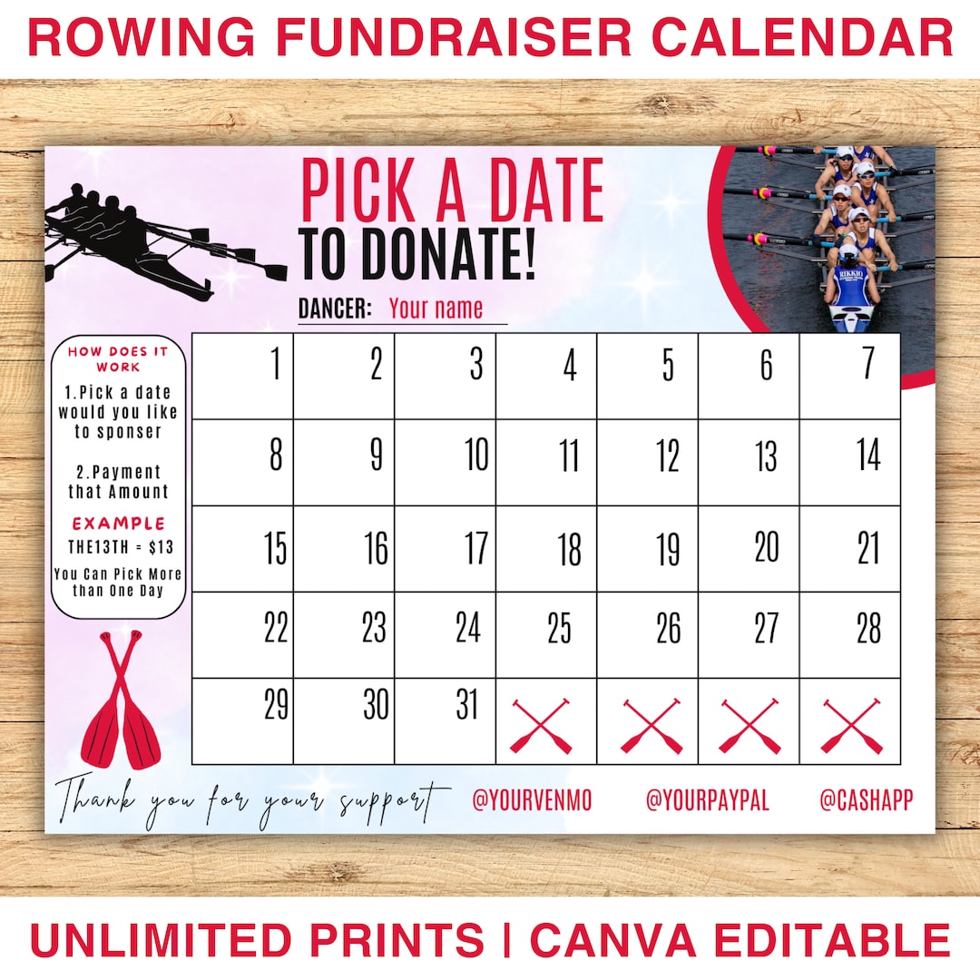 Rowing Fundraising Calendar, Pick a Date Donation Rowing Calendar Fundraiser Template 8.5x11 ...