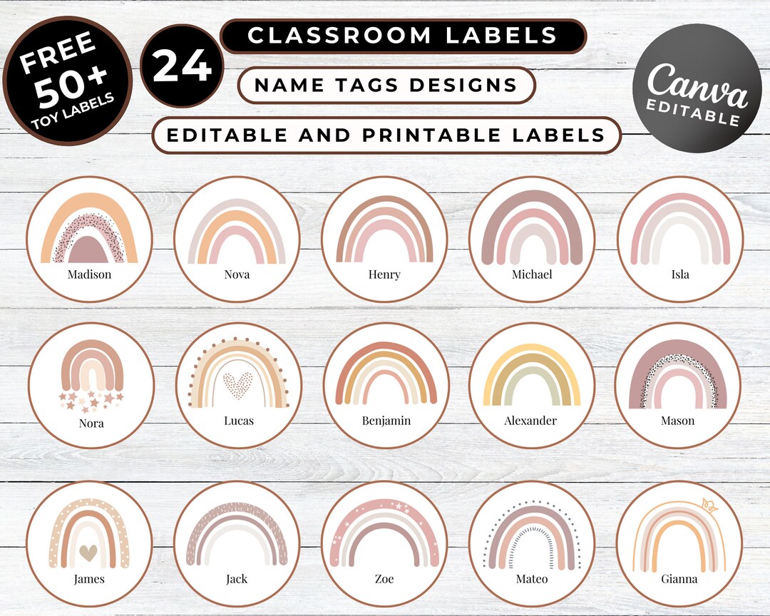 Boho Rainbow Circle Classroom Labels, Printable Classroom Name Labels ...