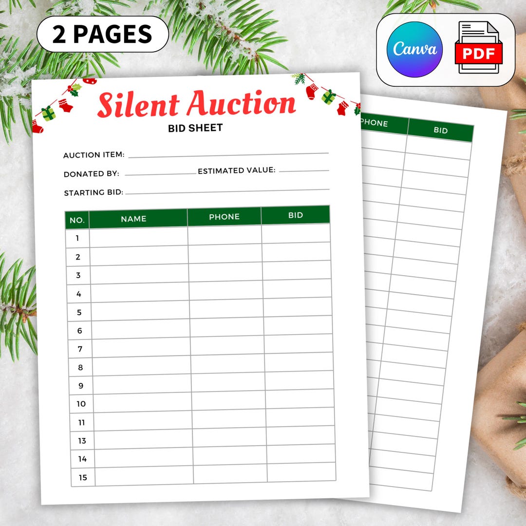 Christmas Silent Auction Bid Sheet,printable Bidding Sheet Fundraising ...