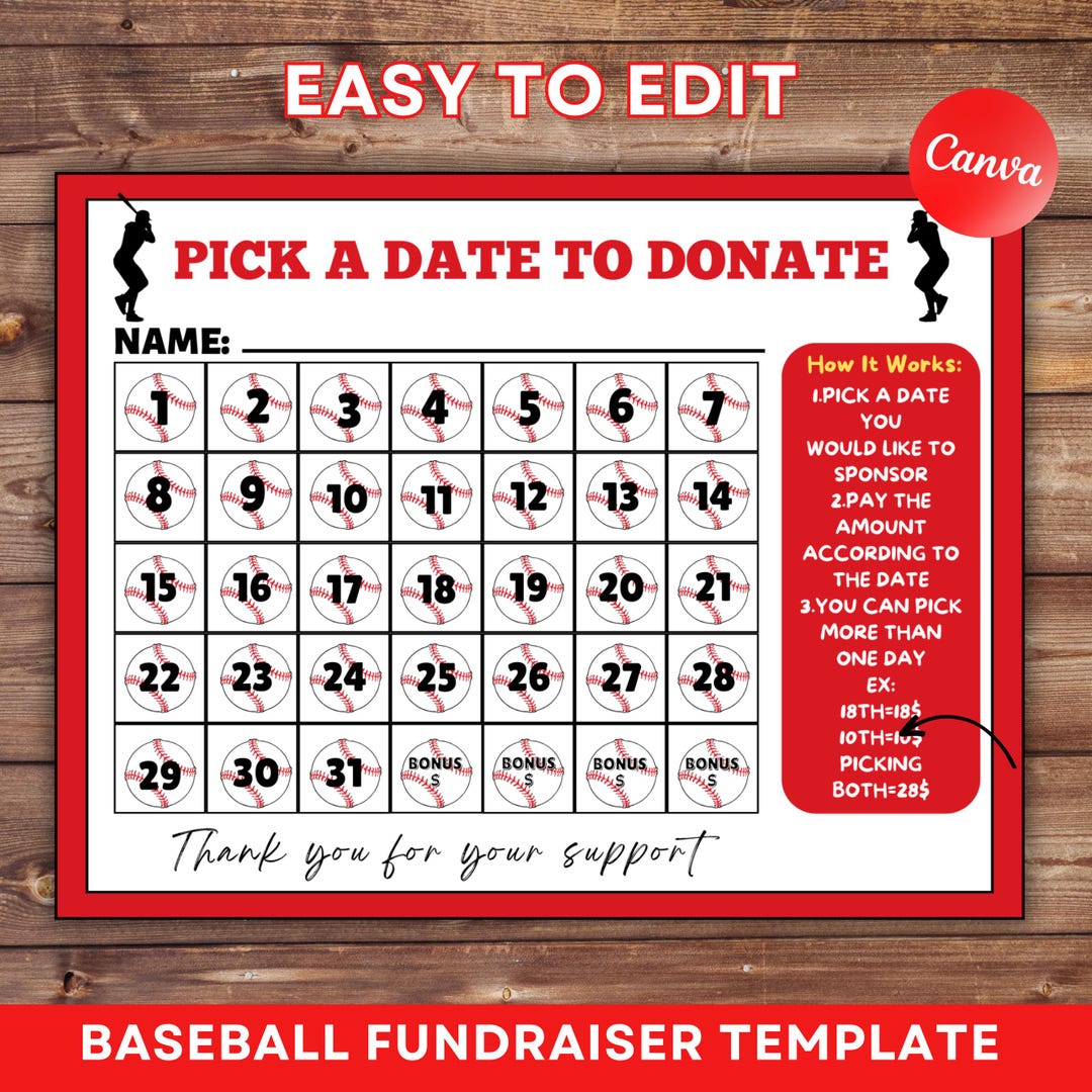 Baseball Calendar Fundraiser, Editable Pick a Date to Donate Baseball ...