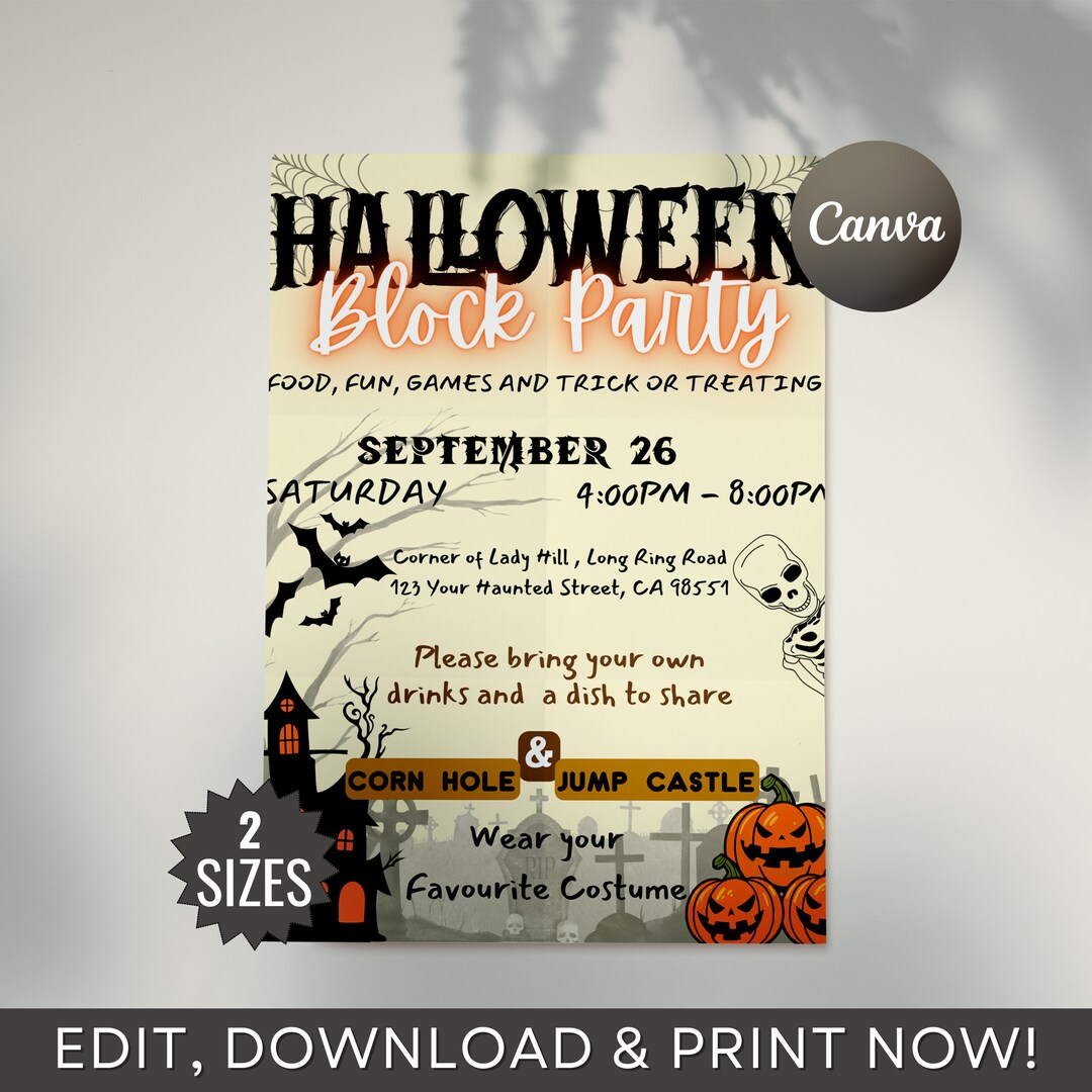 Editable Halloween Block Party Flyer, Halloween Neighborhood Party ...