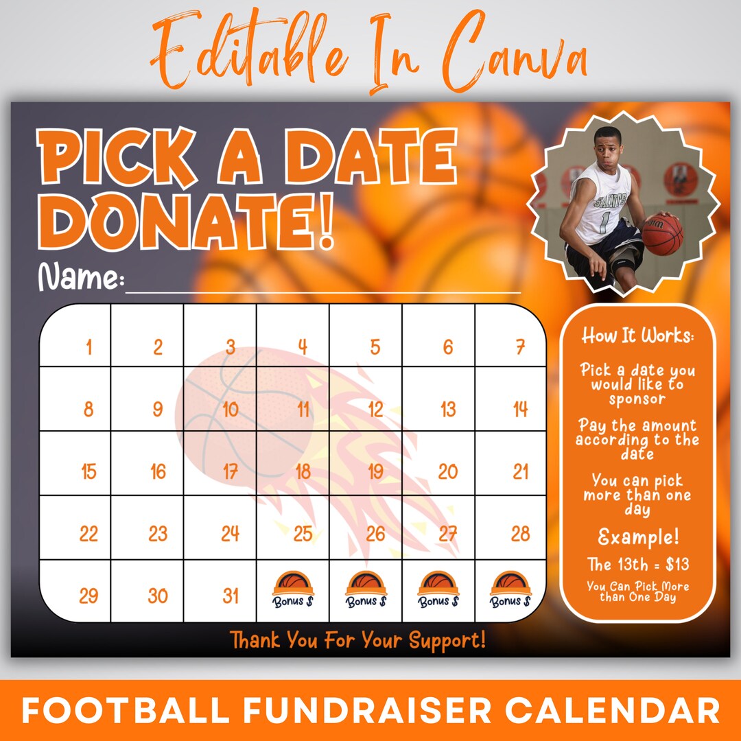 Basketball Fundraiser Calendar, Pick a Date to Donate Basketball ...