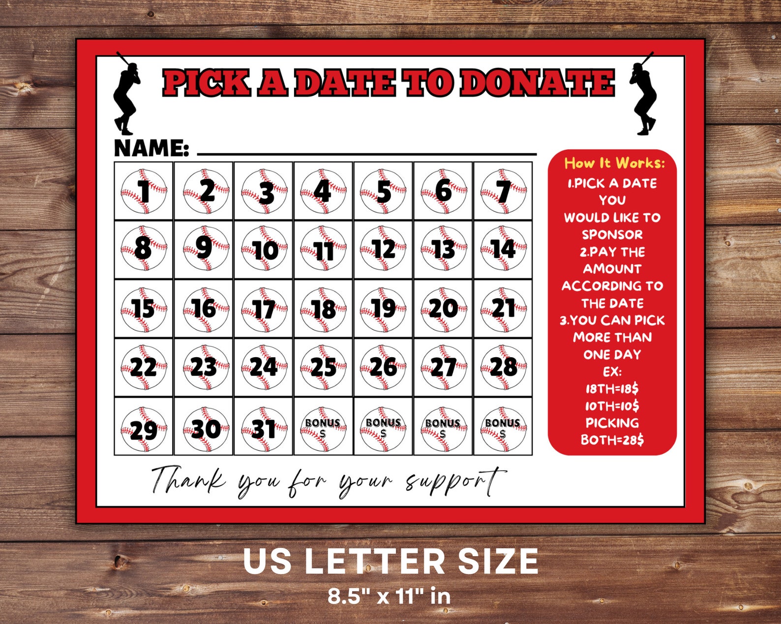 Editable and PRINTABLE Baseball Calendar Fundraiser, Pick a Date to ...
