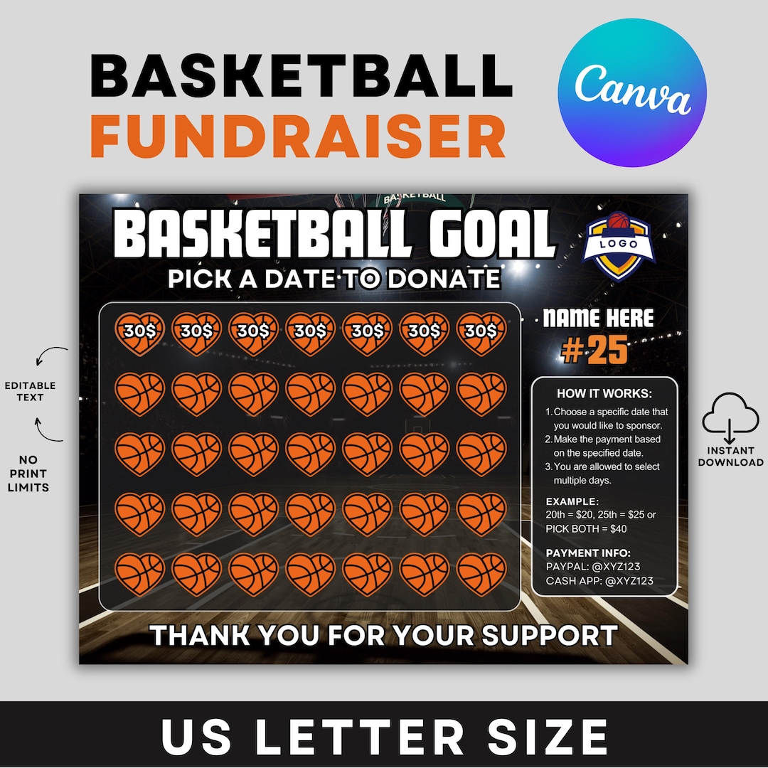 Basketball Fundraiser Calendar, Pick a Date to Donate Basketball ...