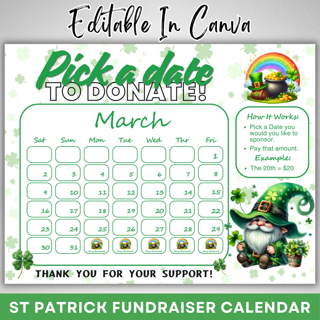St Patrick Fundraising Calendar, Pick a Date Donation St Patrick ...