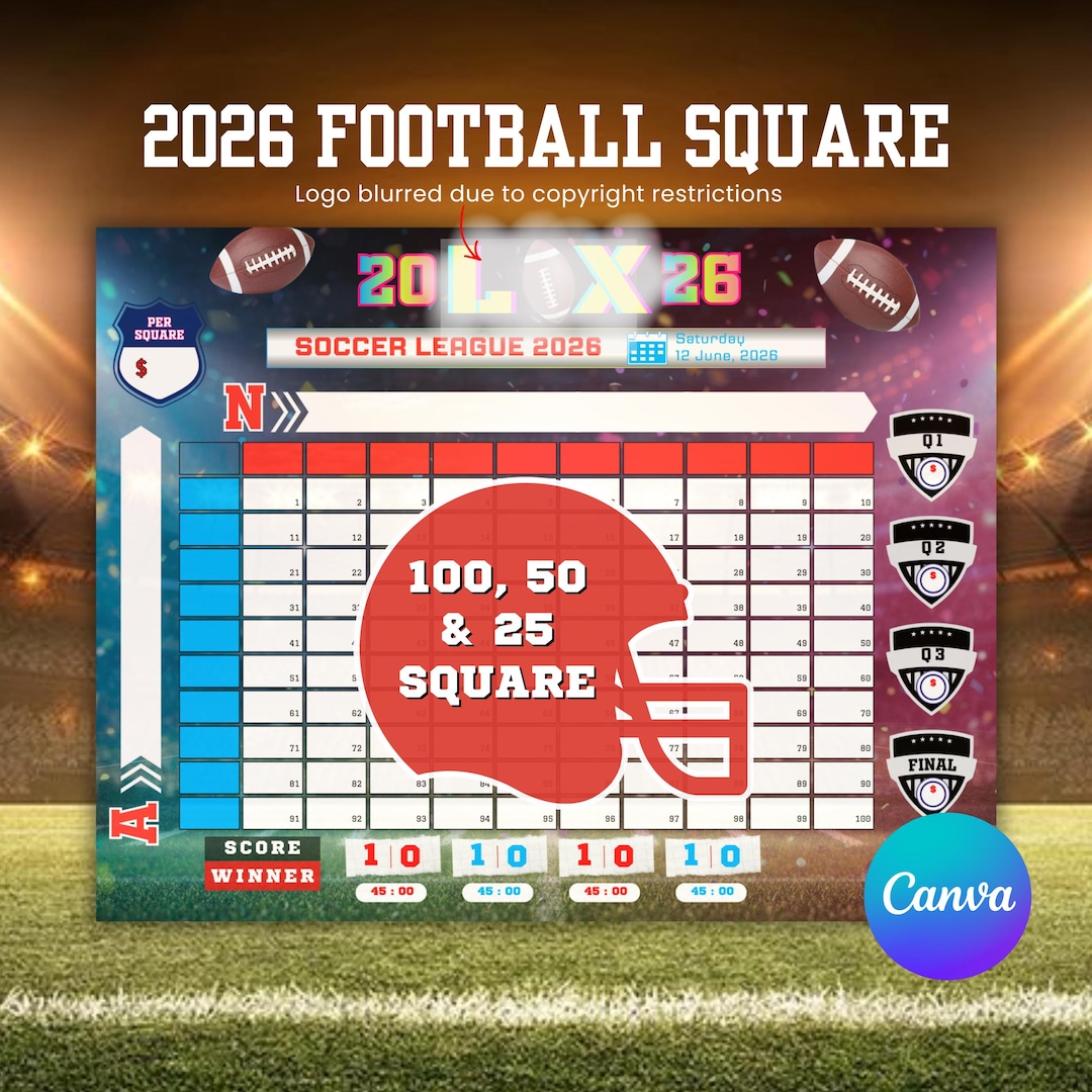 Football Squares Templates for Super Big Pool Game, 2026 Football 100 ...