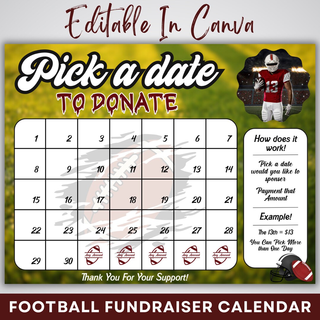 Football Fundraising Calendar, Pick a Date Donation Football Calendar ...