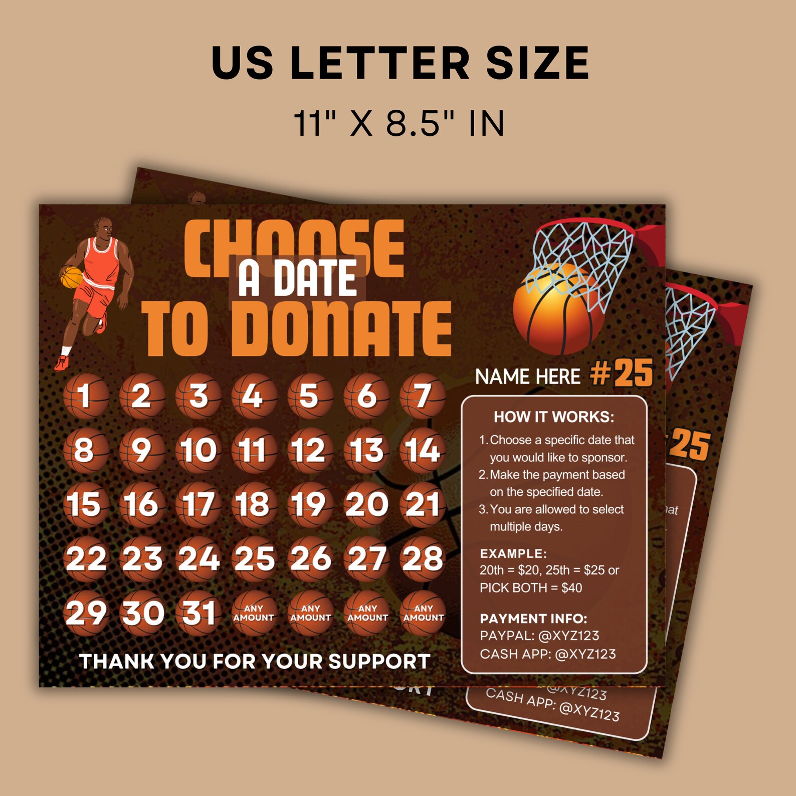 Basketball Fundraiser Calendar, Pick a Date to Donate Basketball ...