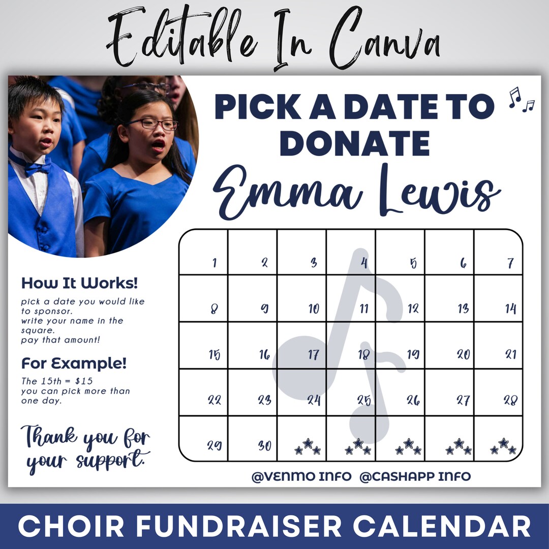 Editable Fundraising Calendar, Pick a Date Donation Choir Calendar ...