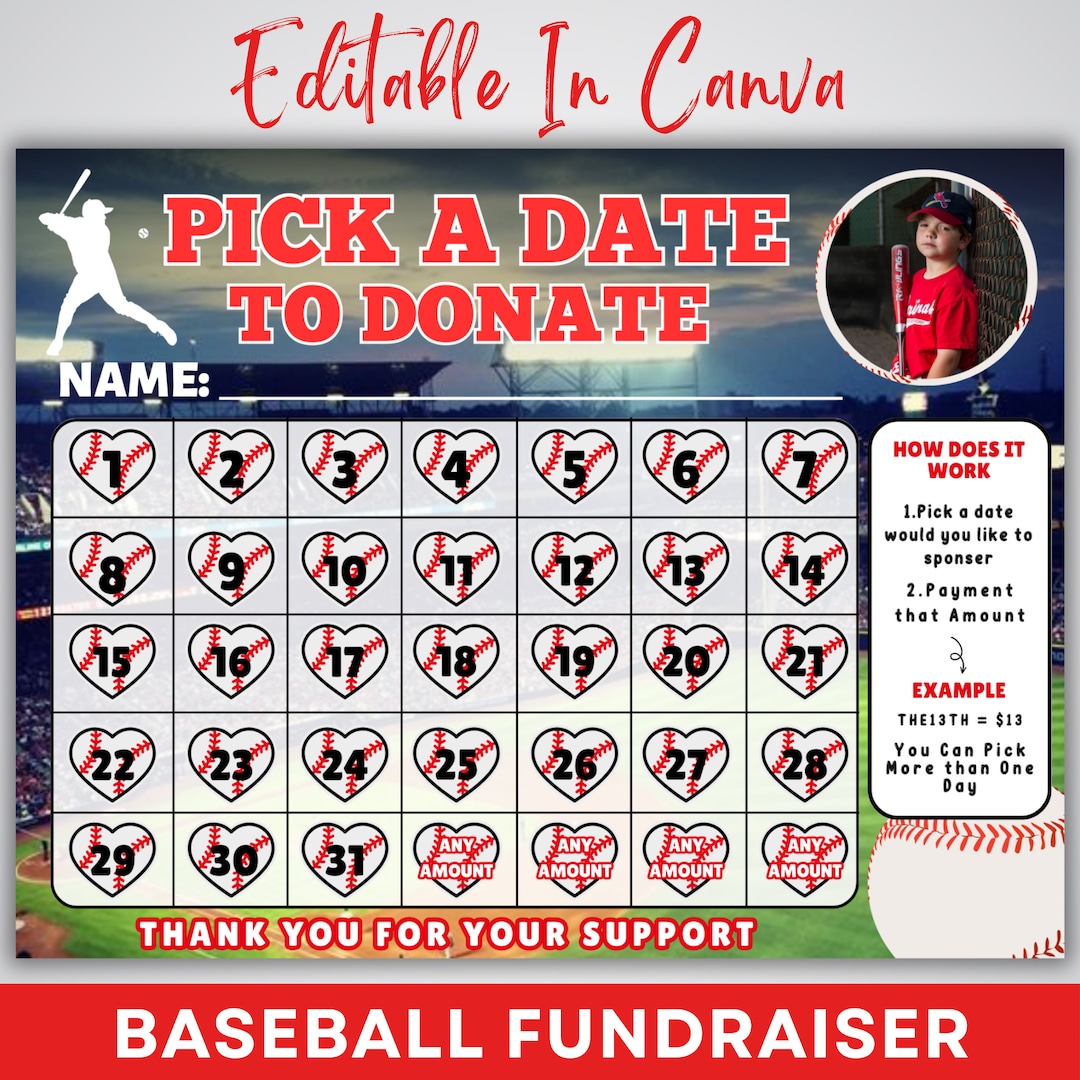 Baseball Fundraiser Calendar, Baseball Fundraiser Template, Pick a Date ...