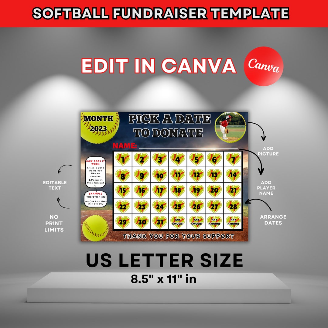 Softball Pick a Date to Donate, INSTANT DOWNLOAD, Fundraiser, Pay the ...