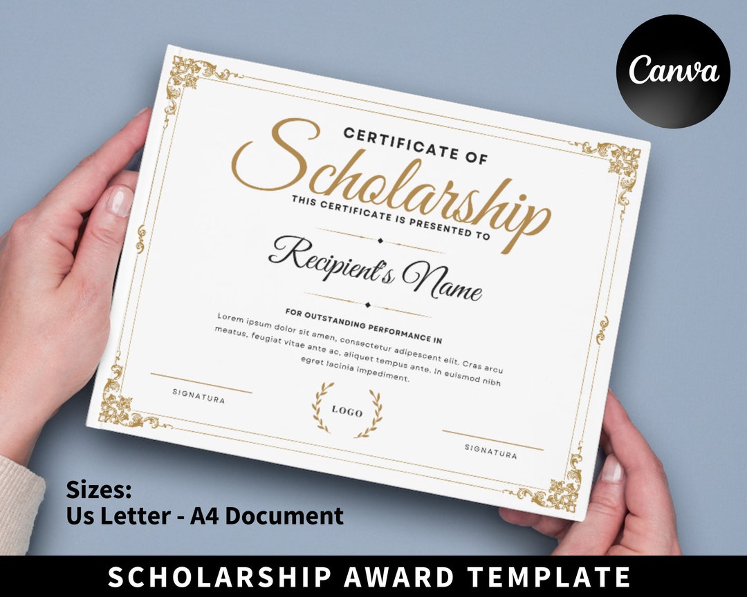 Editable Scholarship Award Template for School Recognition, Customizable Certificate in 2 Sizes ...