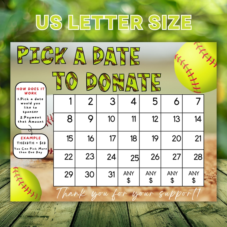 Editable Softball Fundraiser Calendar, Softball Calendar Fundraiser ...