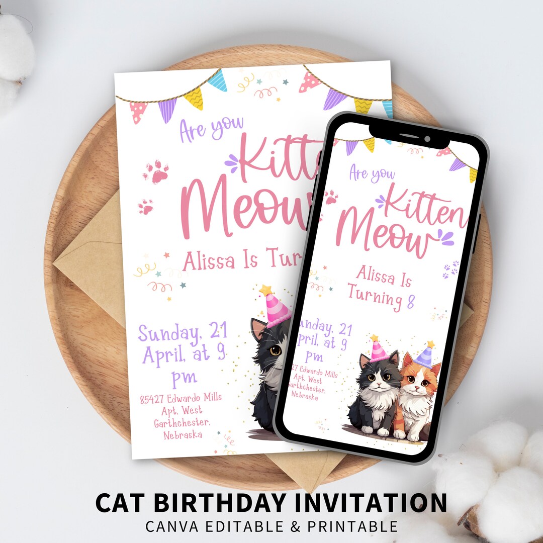 Kitty Cat Birthday Invitation, Editable Purrfect Party Invitation ...