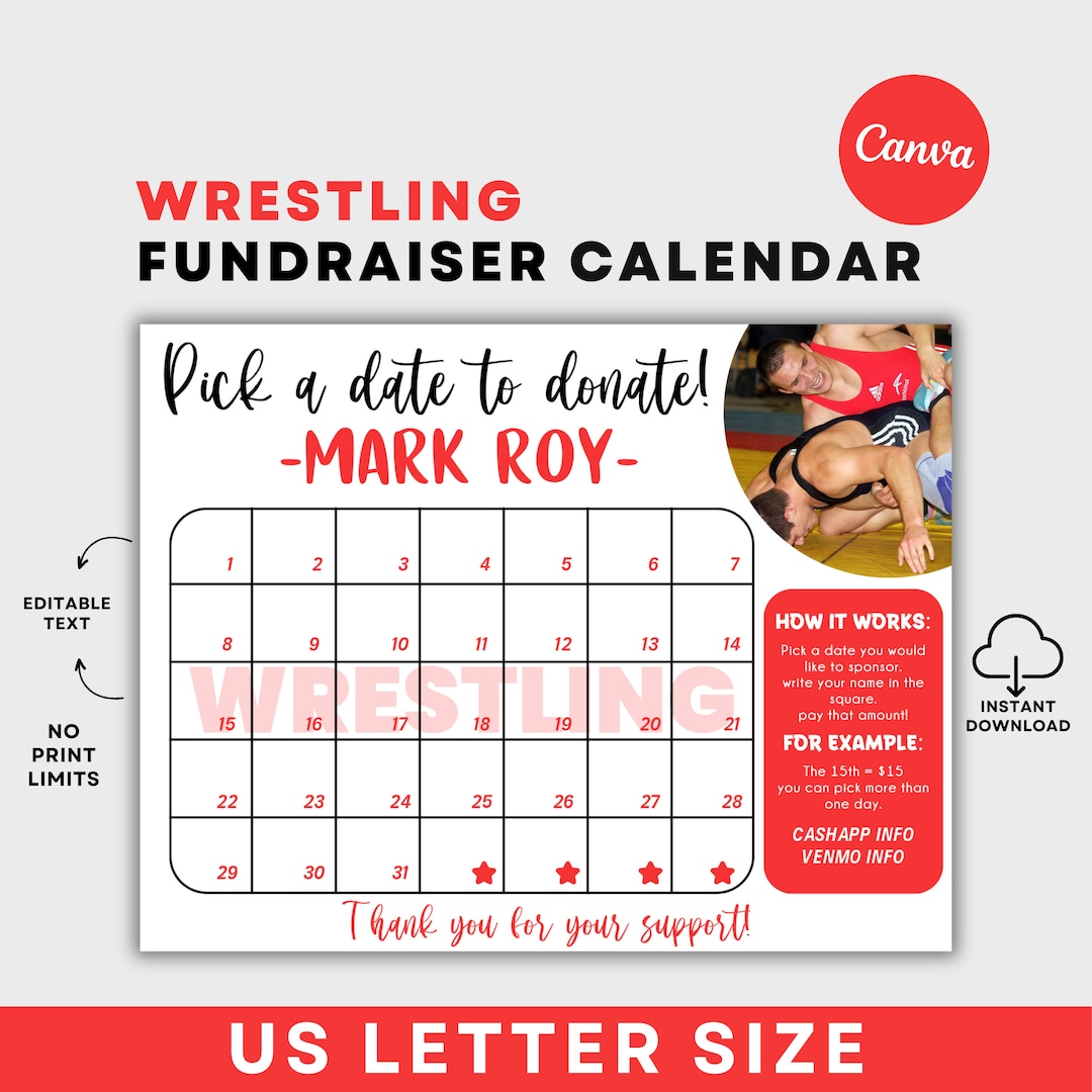 Editable Fundraising Calendar, Pick a Date Donation, Wrestling Calendar ...