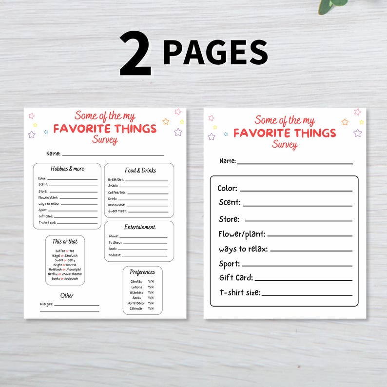 My Favorite Things Survey Questionnaire Printable, Employee Favorite ...