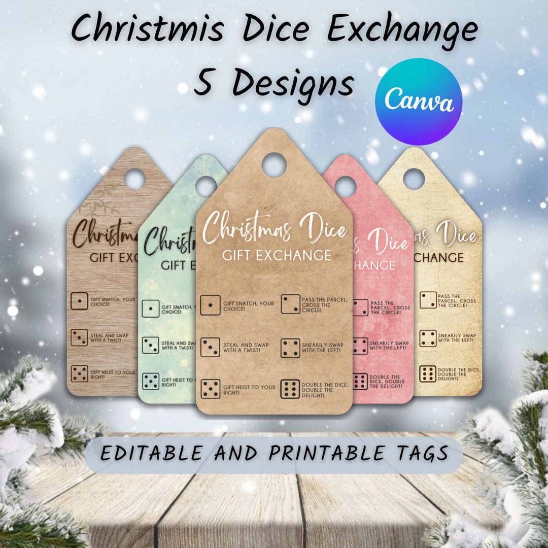 5 Christmas Dice Gift Exchange Tags, Printable Christmas Dice Tags ...
