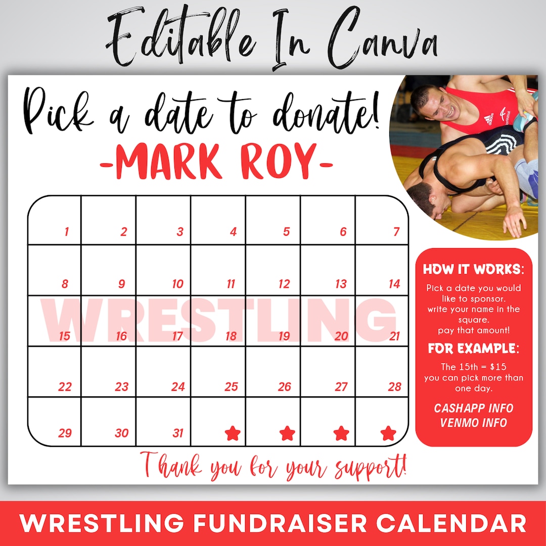 Editable Fundraising Calendar, Pick a Date Donation, Wrestling Calendar ...