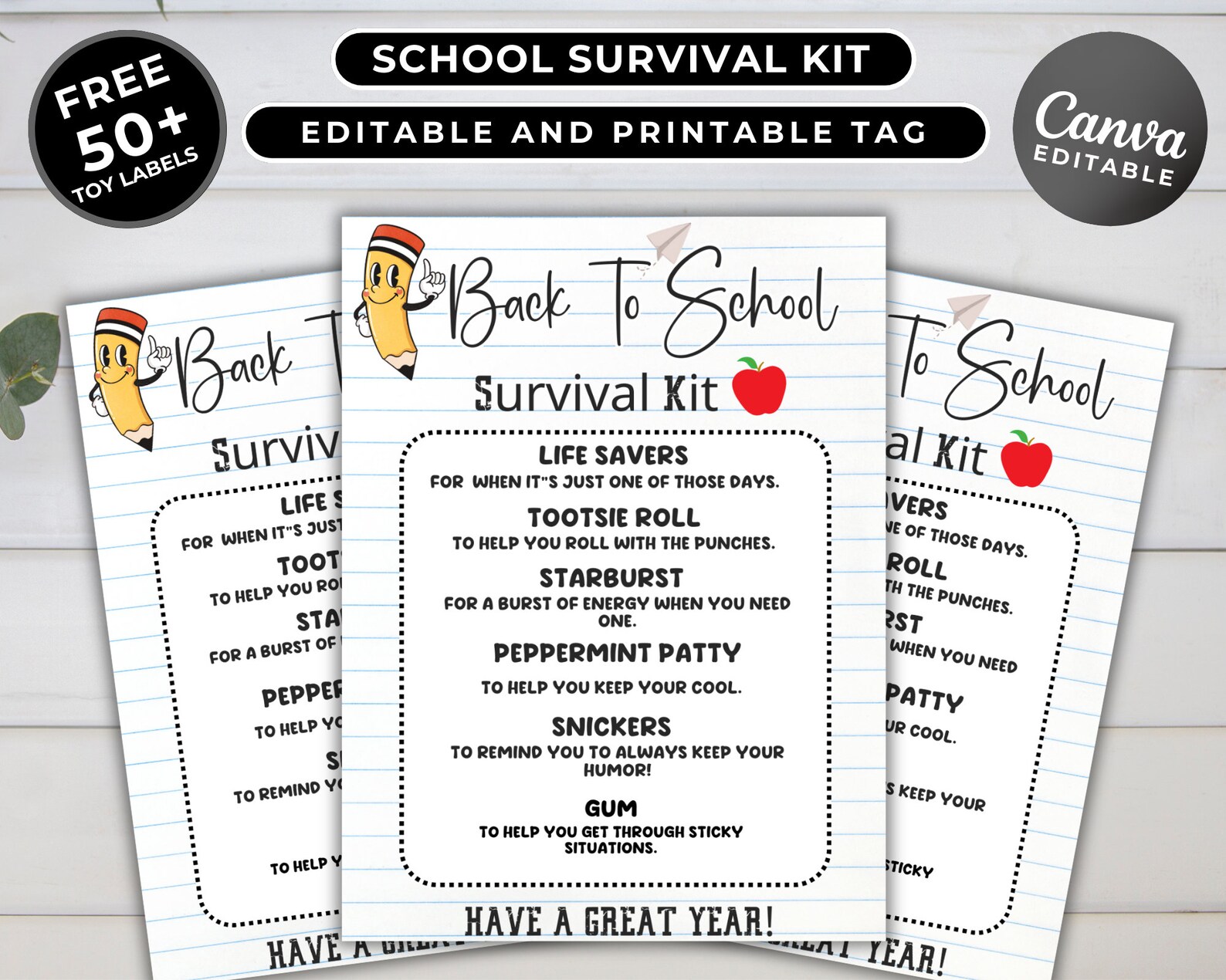 EDITABLE Back to School Survival Kit Gift Tags Back to - Etsy