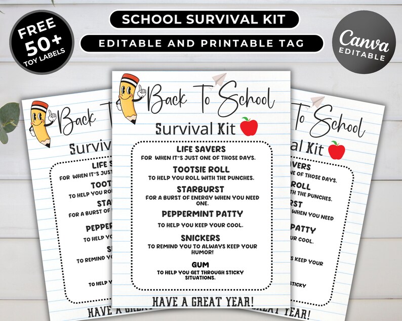 EDITABLE Back to School Survival Kit Gift Tags Back to - Etsy