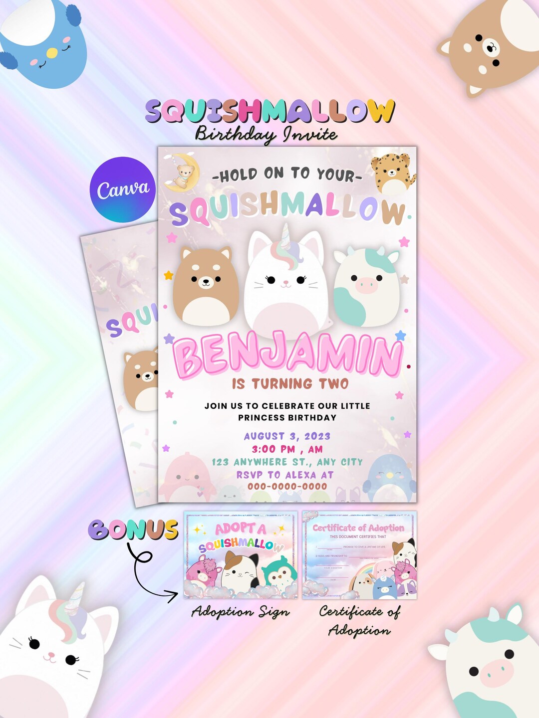 Squishmallow Birthday Invitation Template, Editable Girl Sleepover ...
