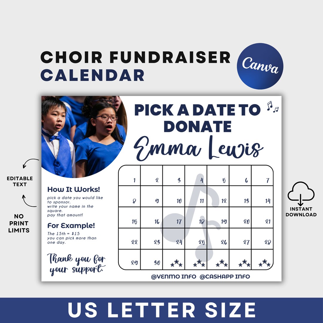 Editable Fundraising Calendar, Pick a Date Donation Choir Calendar ...