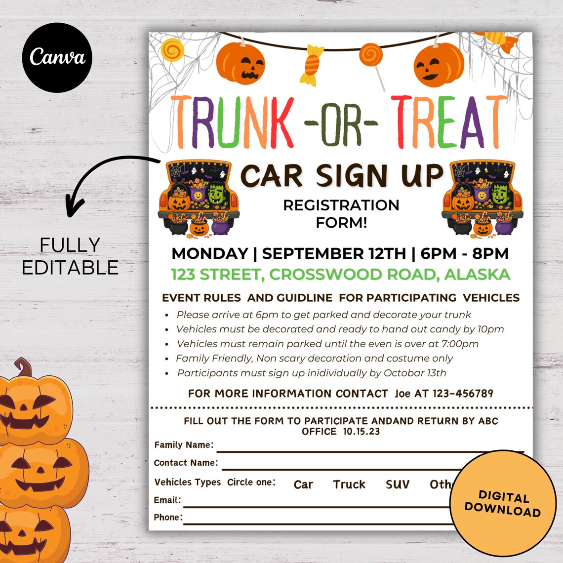 Trunk or Treat Sign up Sheet Template, Kids Halloween Party, Halloween ...