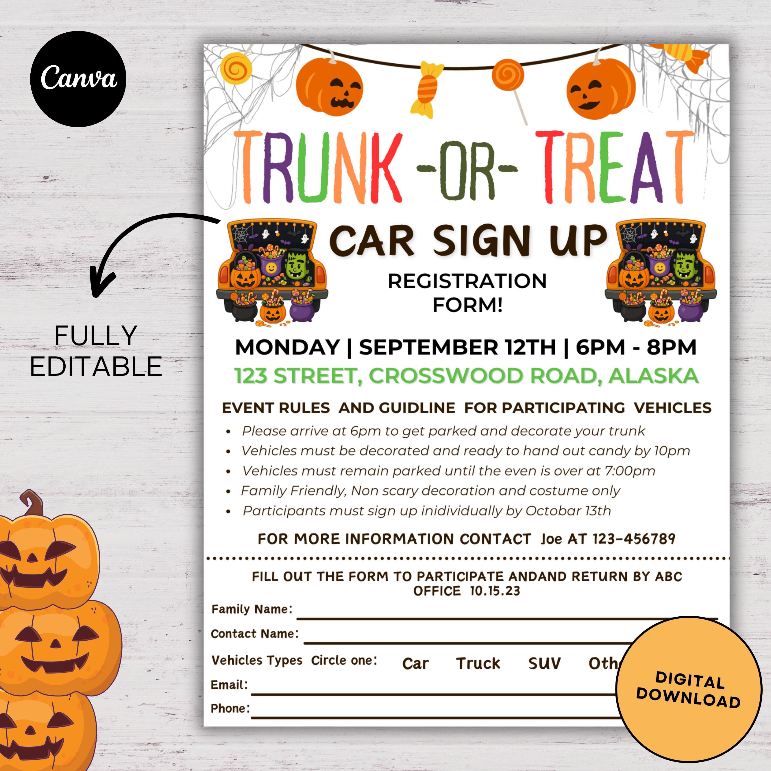 Trunk or Treat Sign up Sheet Template, Kids Halloween Party, Halloween ...
