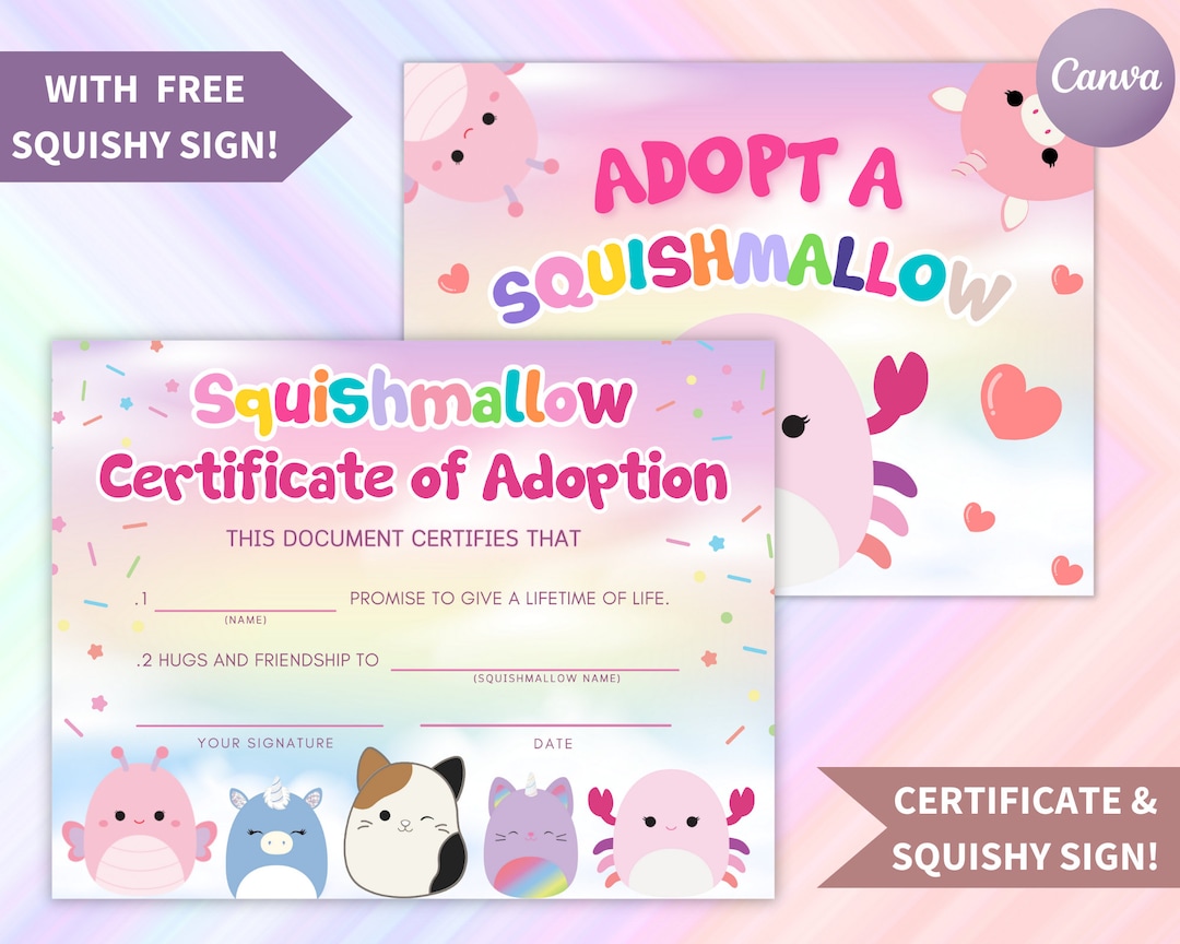 Editable Squishmallow Adoption Certificate, Adopt a Squish Printable ...