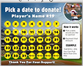 Softball Pick a Date to Donate, INSTANT DOWNLOAD, Fundraiser, Pay the ...