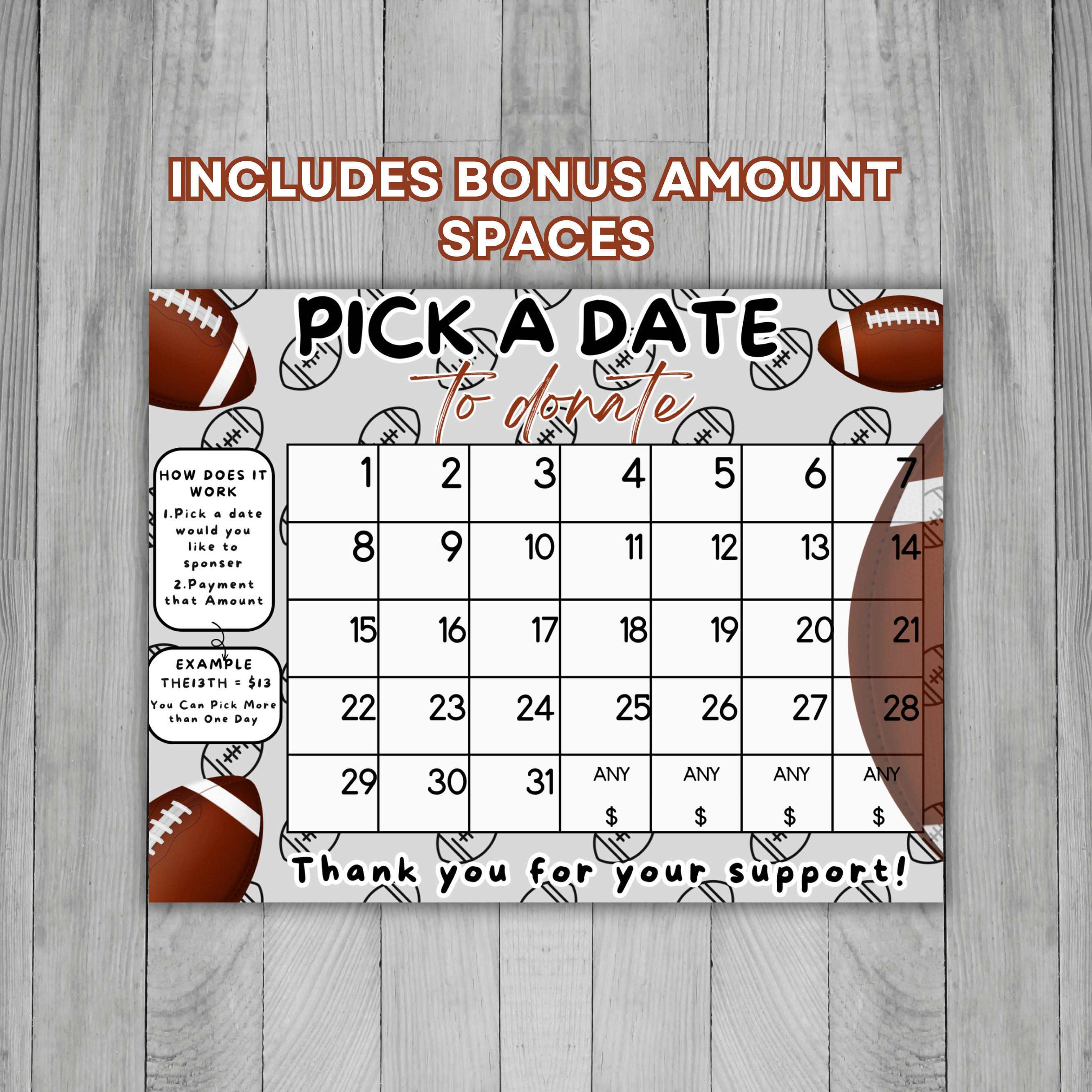 Editable Football Fundraiser Calendar, Pick A Date to Donate, Football ...