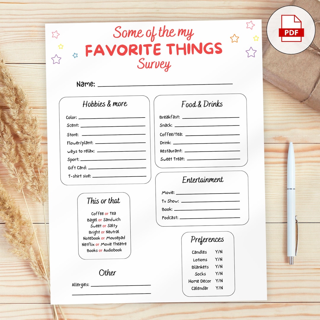 My Favorite Things Survey Questionnaire Printable, Employee Favorite ...