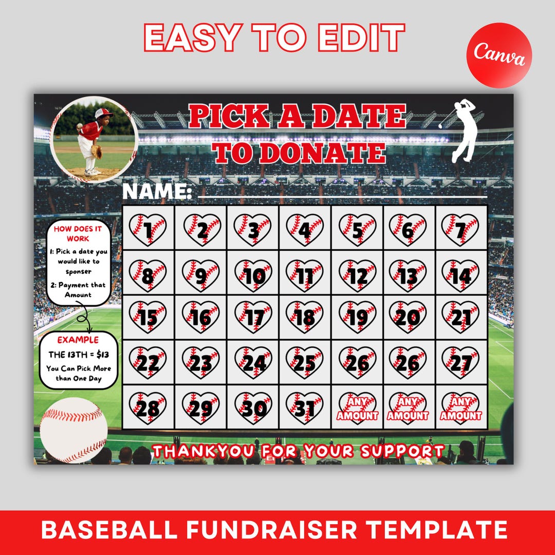 Baseball Fundraiser Calendar, Baseball Fundraiser Template, Pick a Date ...