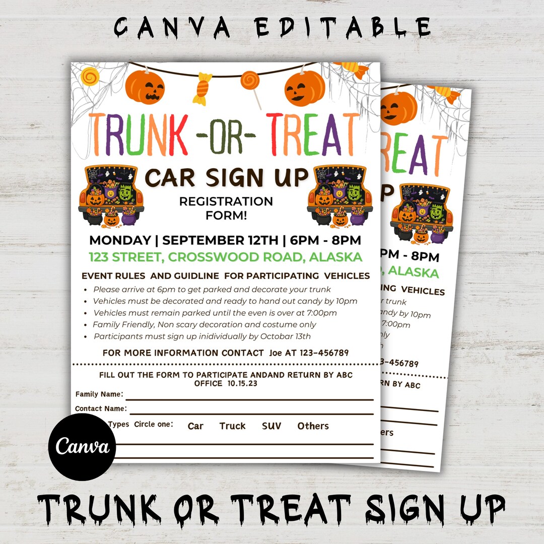 Trunk or Treat Sign up Sheet Printable, Trunk or Treat Form, Trunk or ...