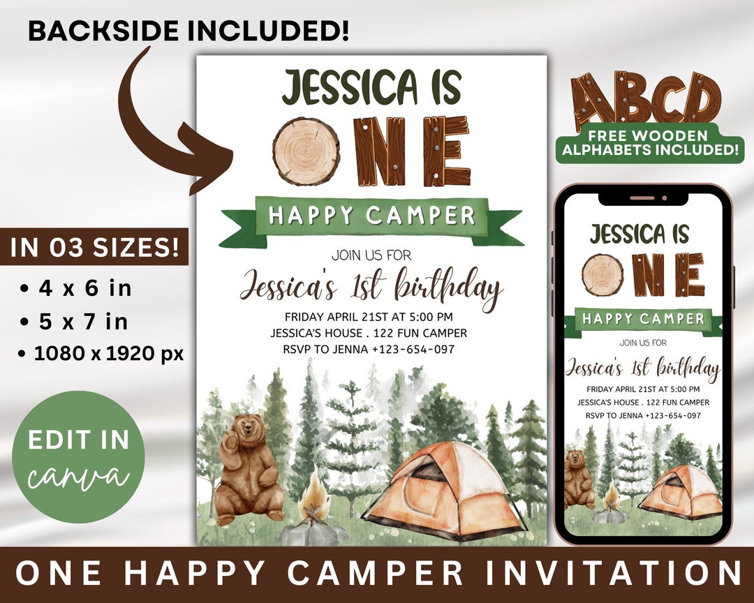 Editable One Happy Camper Birthday Invitation Template, Camping 1st Birthday Invite, 3 Sizes ...
