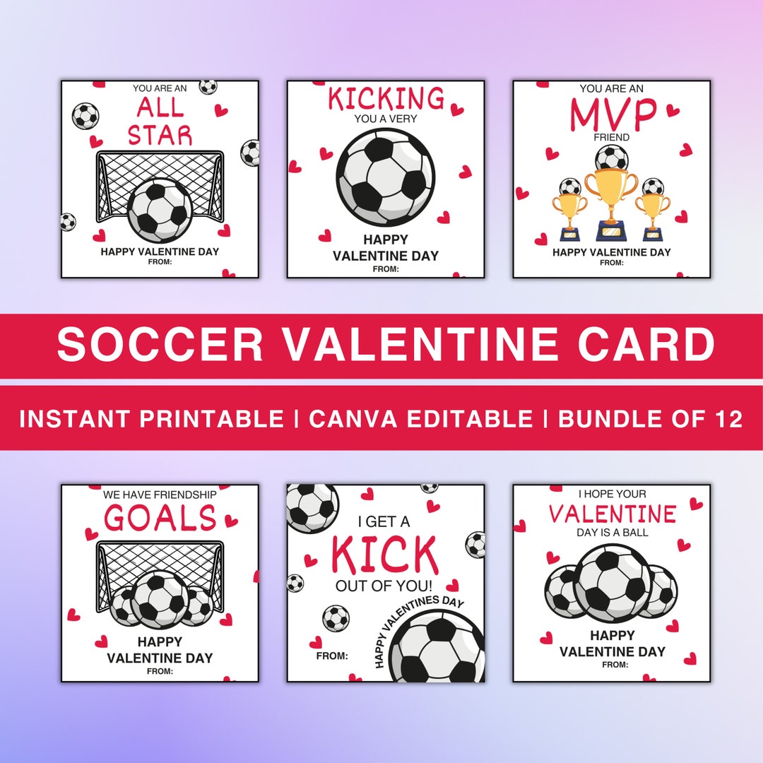 12 Soccer Valentine Cards, Soccer Boy Valentine Cards, Printable Kids ...