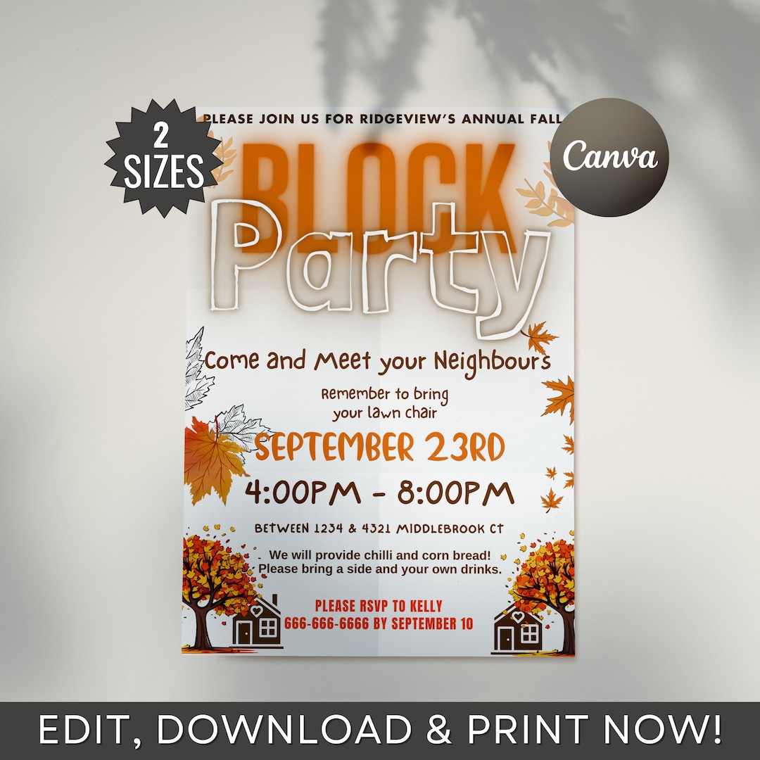 Editable Fall Block Party Flyer Template, Autumn Block Party Event ...