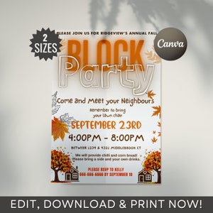 Editable Fall Block Party Flyer Template, Autumn Block Party Event ...