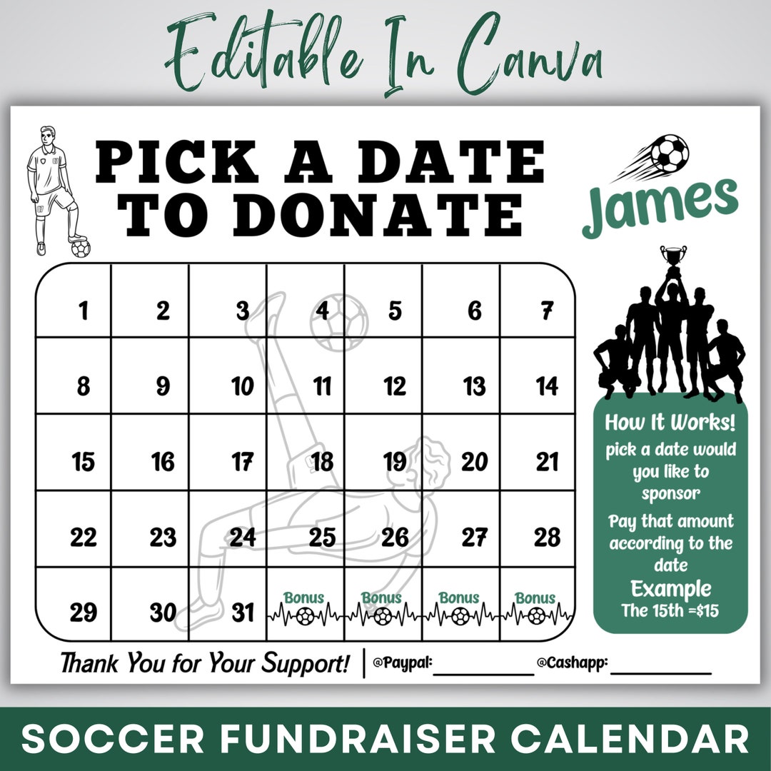 Editable Soccer Calendar Fundraiser Template, Clear the Board ...