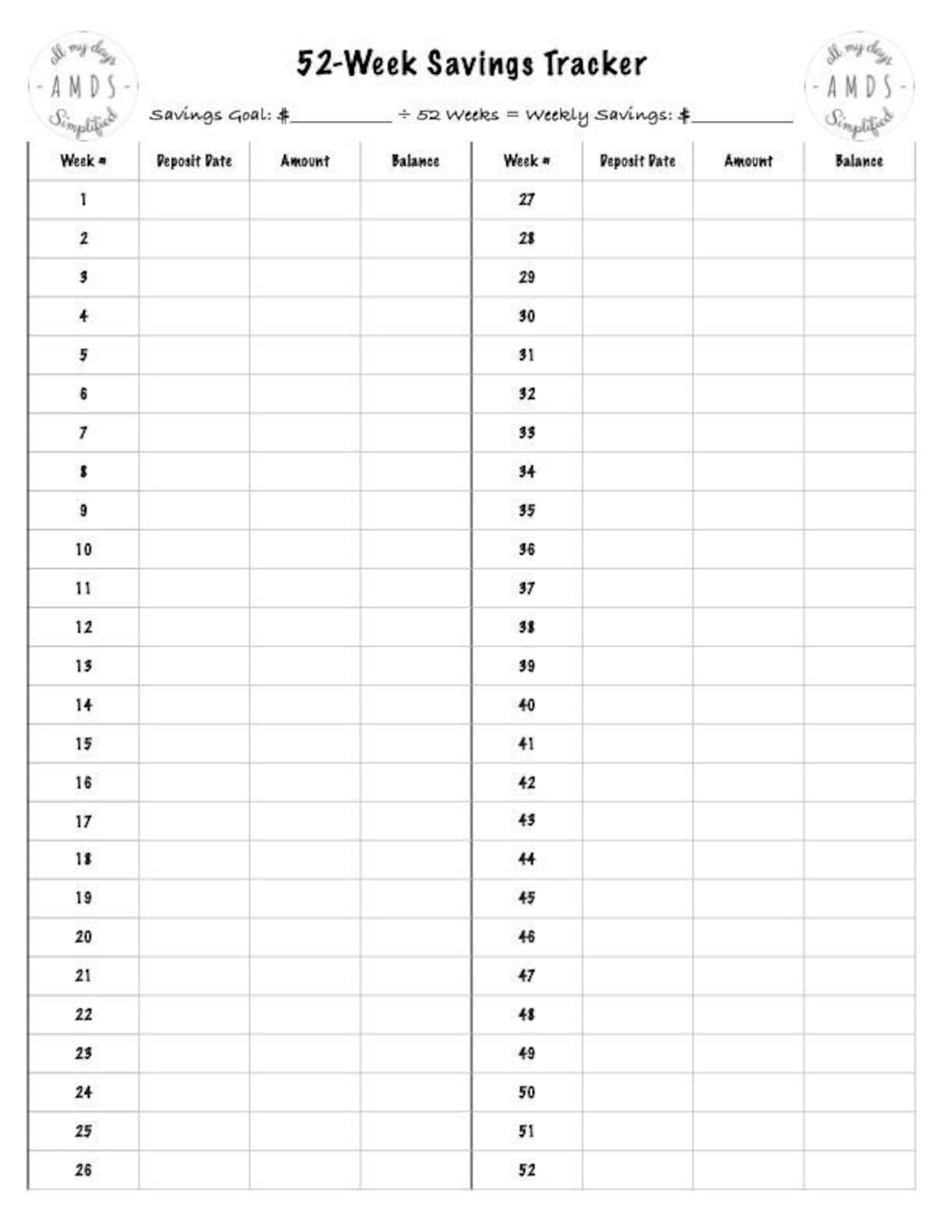 52 Week Money Savings Tracker Chart Annual Simple Basic - Etsy